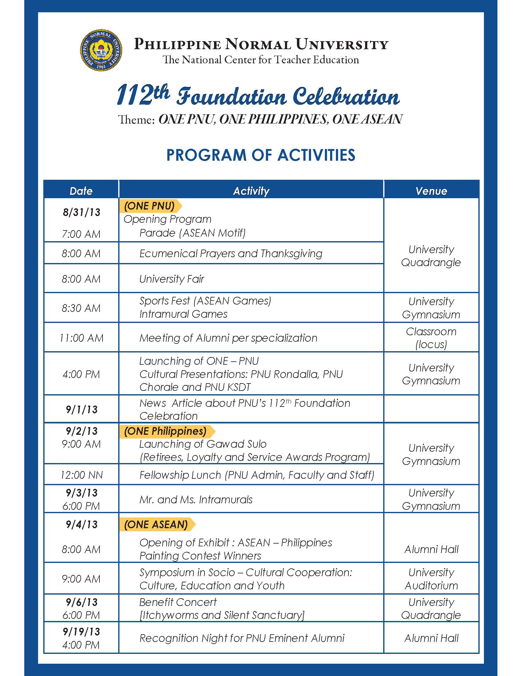 One PNU, One Philippines,One ASEAN – PNU 112th Foundation Celebration ...